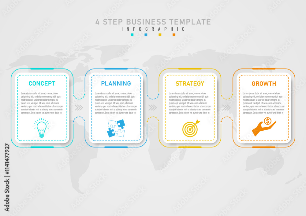 4 step business planning infographic template white square and dotted ...