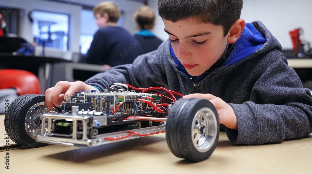 Asian kid boy assembling the Arduino robot car homework project at home ...