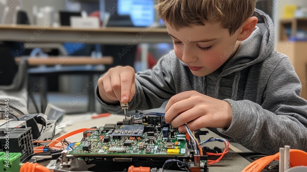 Asian kid boy assembling the Arduino robot car homework project at home ...