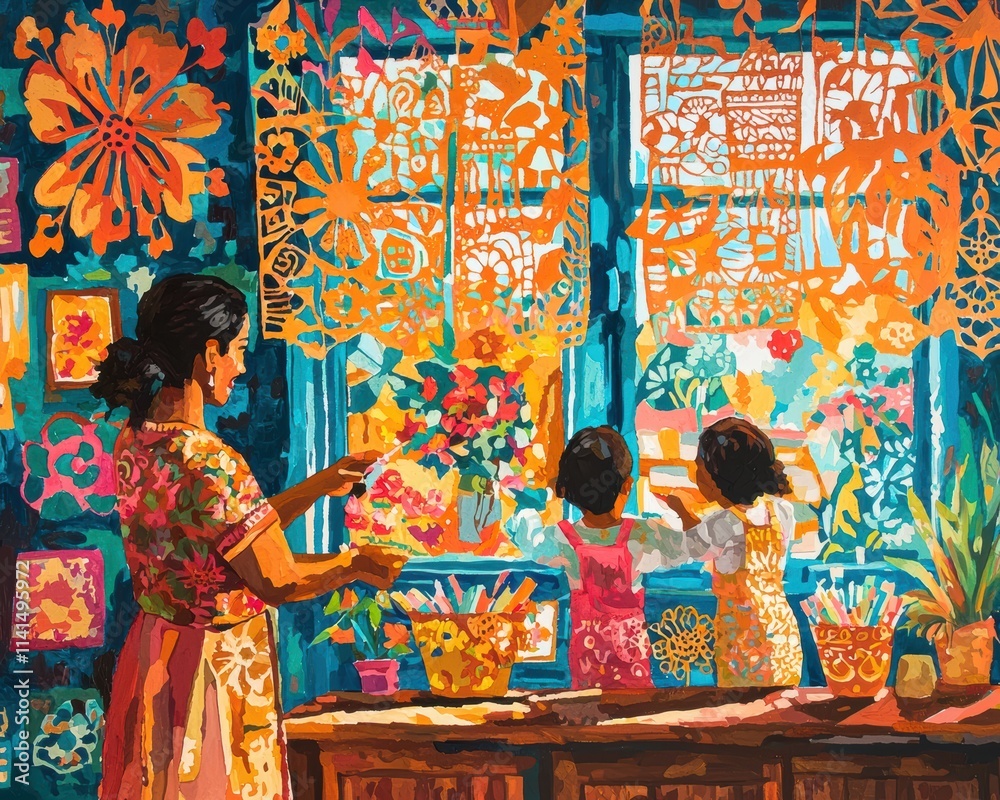 Heartwarming scene of a Hispanic mother and her children decorating ...