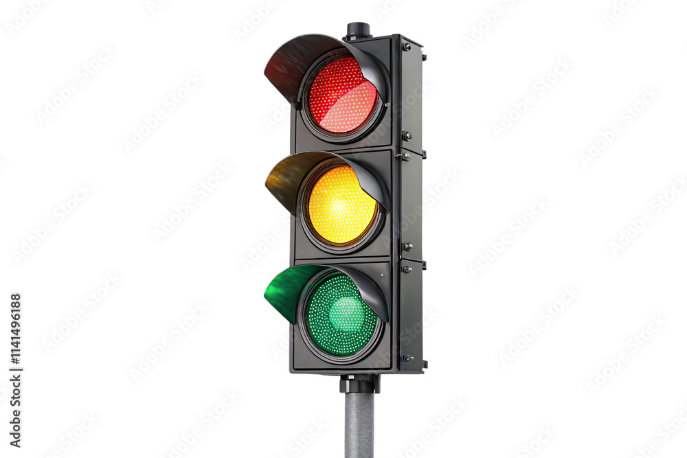 A modern traffic light, angled slightly, showcases all three lights—red ...