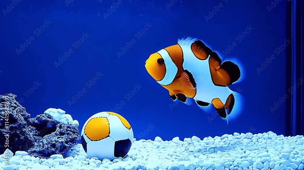 Clownfish Observing Soccer Ball in Aquarium Setting for Playful Marine ...