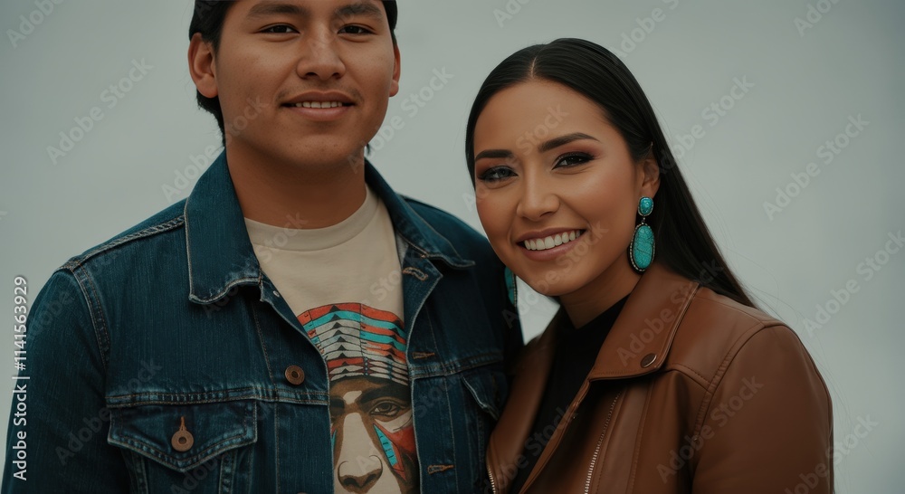Young native american couple in traditional and modern attire for ...