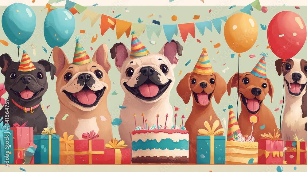 71.Cartoon illustration of a lively group of dogs celebrating a ...