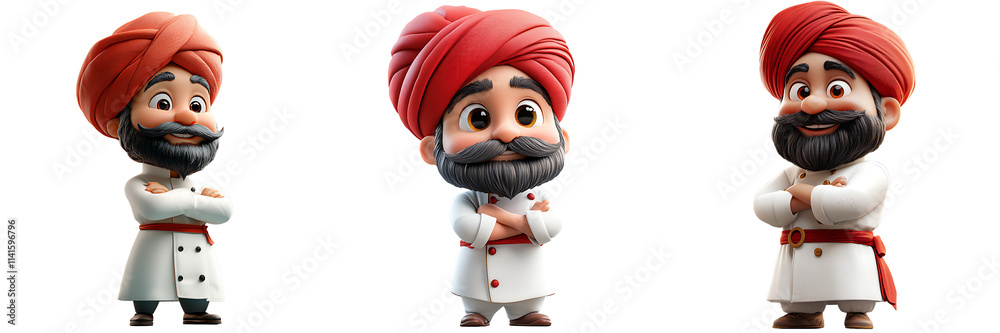Set of a 3D cartoon of a happy Sikh chef, isolated on a transparent ...