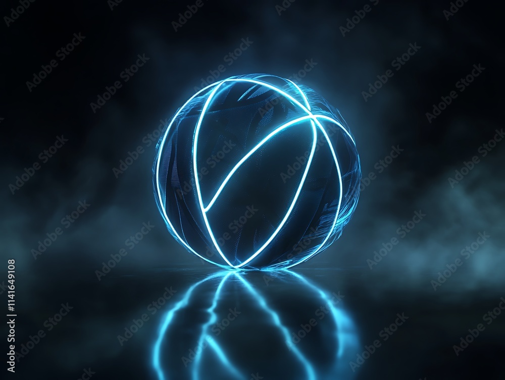 Basketball with blue neon lights around a black background dark ...