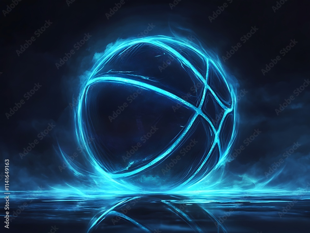 Basketball with blue neon lights around a black background dark ...