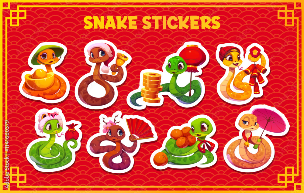 Cartoon 2025 snake characters stickers pack for Chinese Lunar New Year, vector set. Funny snakes ...