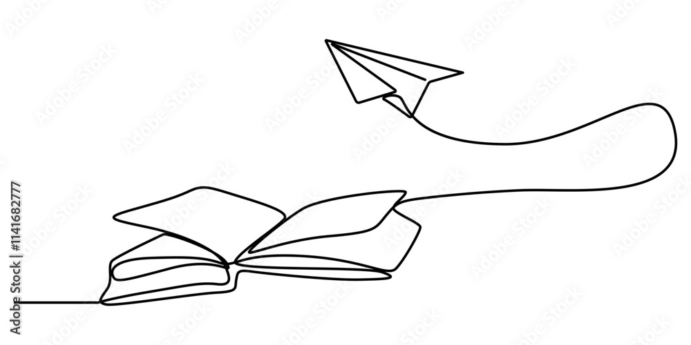 Book with flying paper airplane continuous line drawn. Education linear ...