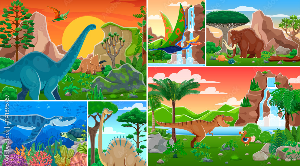Prehistoric dinosaur characters collage with Jurassic lizards and dino ...