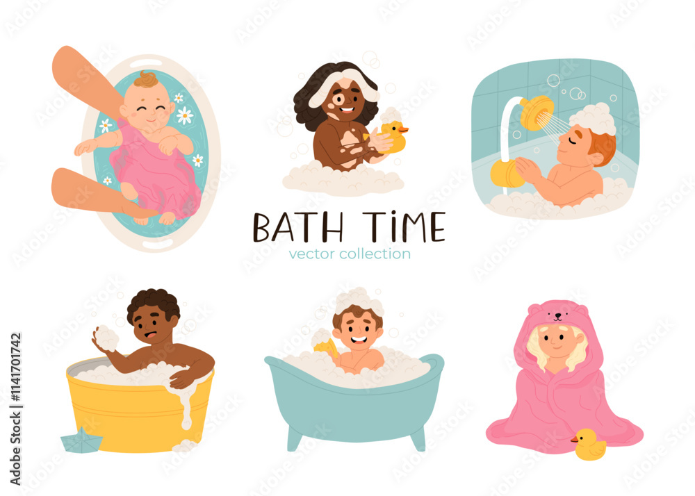 Bathing babies set. Calm kids bathing, washing themselves in bathtub ...