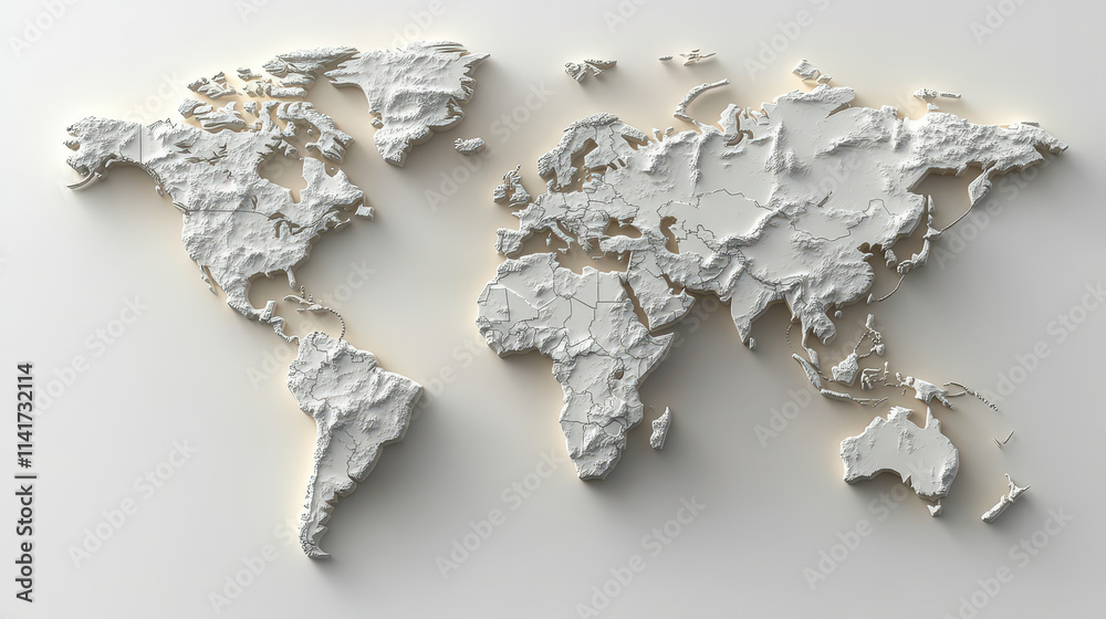 3D Relief World Map on White Background with Clipping Path for Design ...