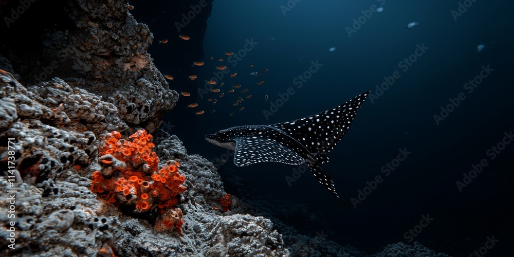 Majestic spots of a black and white manta ray gliding through vibrant ...