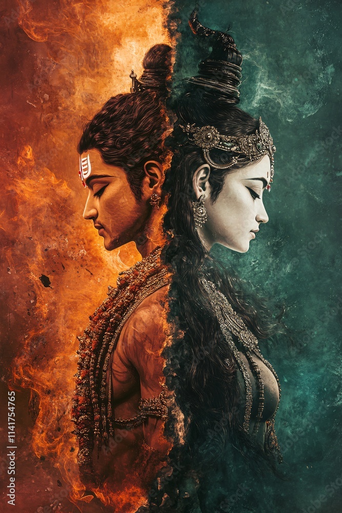 A depiction of Lord Shiva as Ardhanarishvara, the half-male, half ...