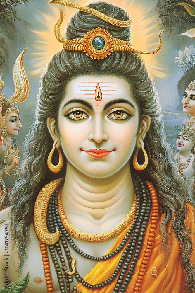 A detailed image of Lord Shiva with his third eye open, radiating divine light and surrounded by ...