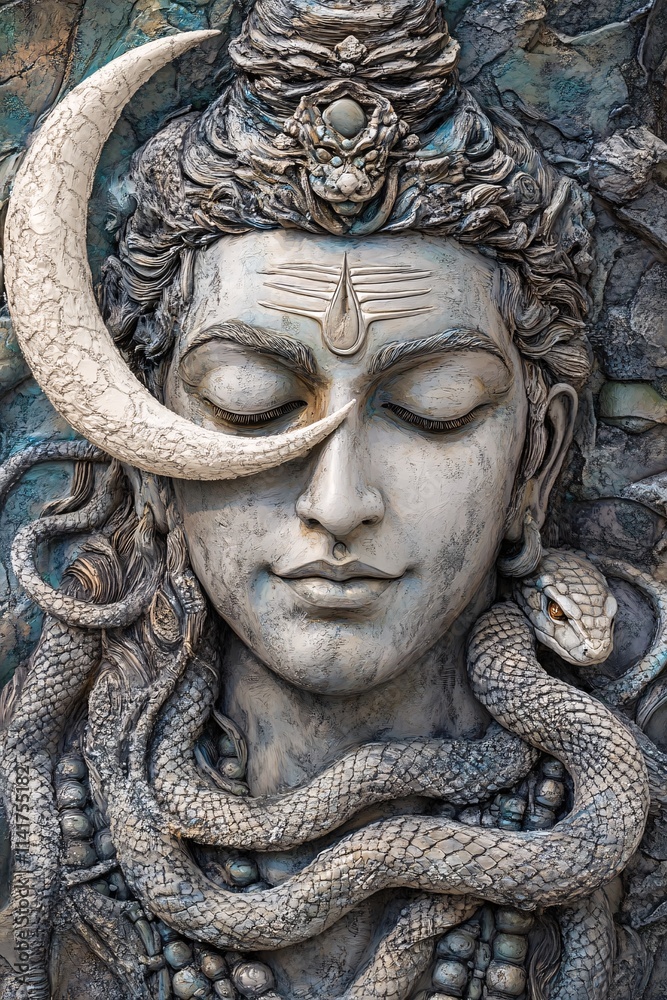 Illustration Stock Lord Shiva holding a crescent moon in his hair and a snake coiled around his ...