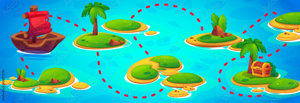 Pirate game map. Vector cartoon illustration of tropical islands with ...