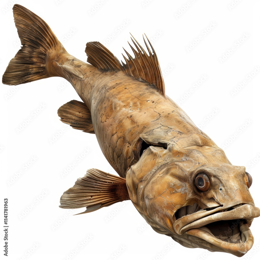A realistic, detailed taxidermy fish with a cracked body and open mouth ...