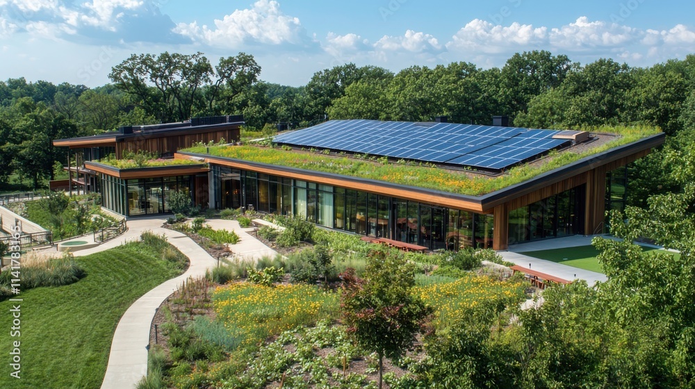 Eco-friendly community center featuring solar panels urban green space ...