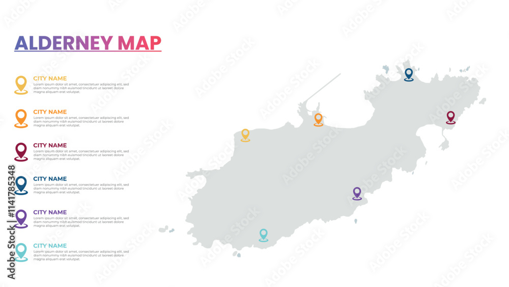 Alderney Modern Map Infographic Template, Detailed infographic map of ...