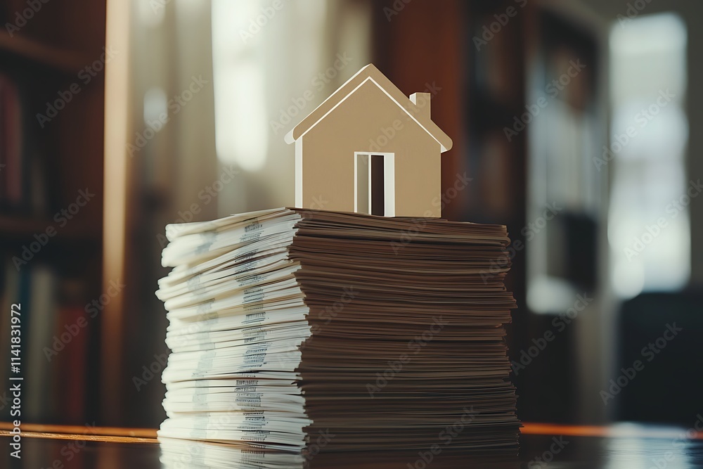 Stack of bills with a house symbol overlaid to represent loan ...