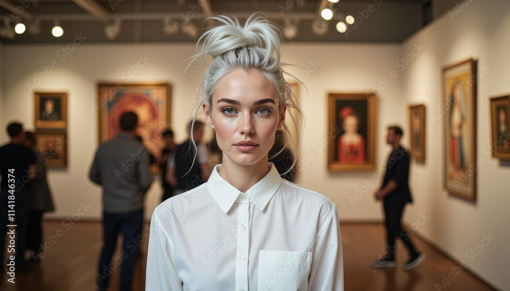 Captivating expression of an unusual model amidst vintage portraits in ...