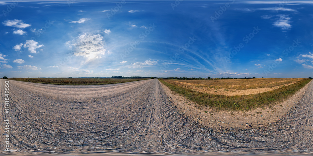 full seamless spherical 360 hdri panorama view on gravel road among fields in equirectangular ...