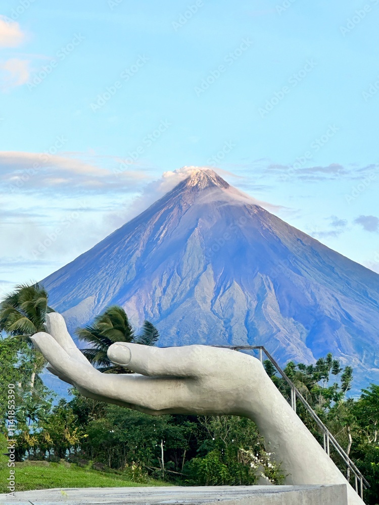 Mayon Volcano in Highlands Park with big hands on front in Legazpi City ...