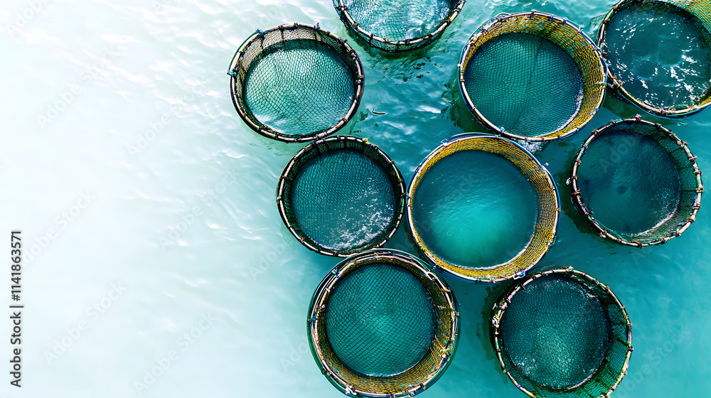 round cages of a fish farm in the sea near the green coast. top view ...
