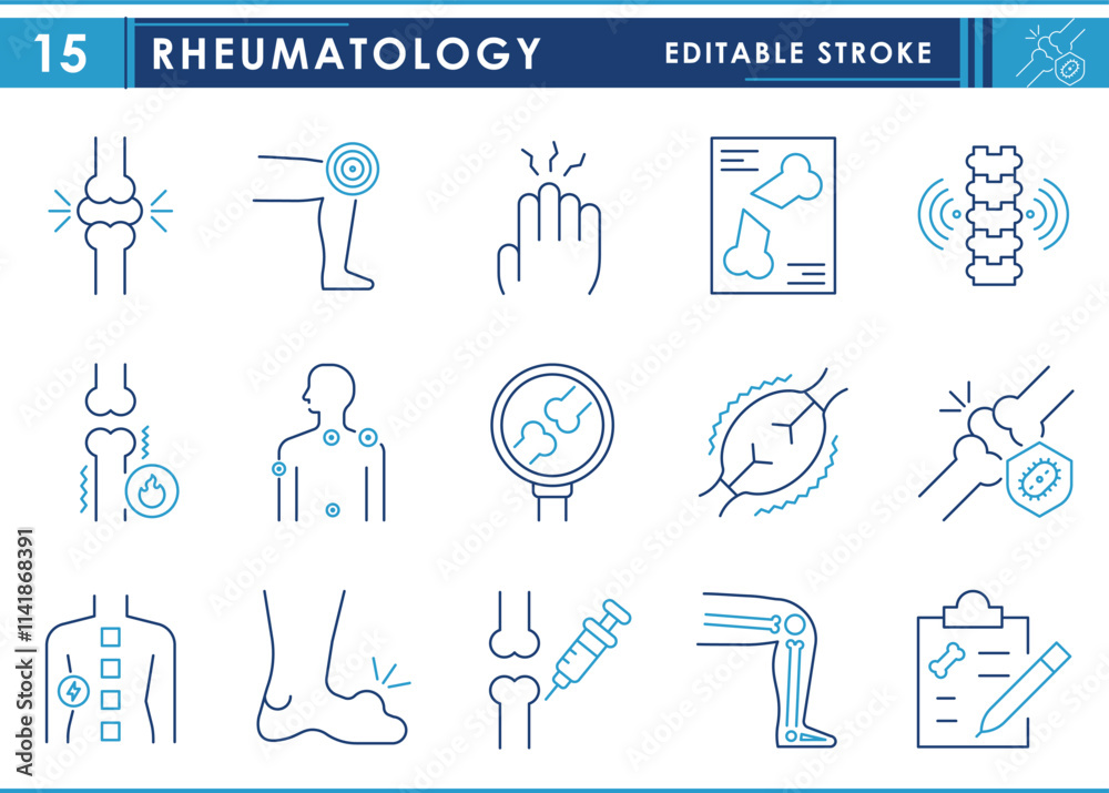 A set of line icons related to Rheumatology. Joint, knee, x-ray ...