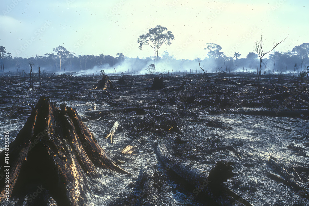 Zdjęcie bez tantiem: Deforested and burned forest landscape with smoke ...