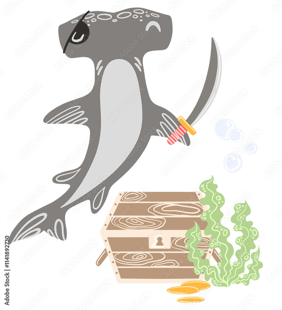Pirate hammerhead shark with chest of treasure and sword. Cute cartoon ...