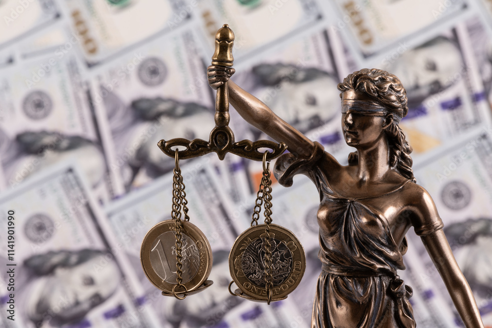 1 euro and 1 British pound coins on Themis scales against the ...