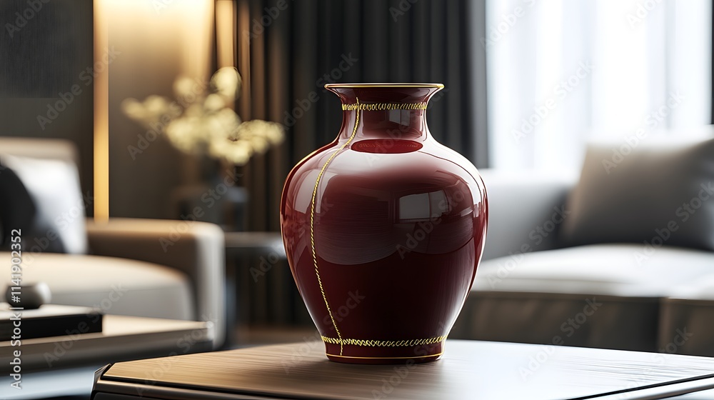 Maroon porcelain vase with golden seams on a minimalist coffee table ...