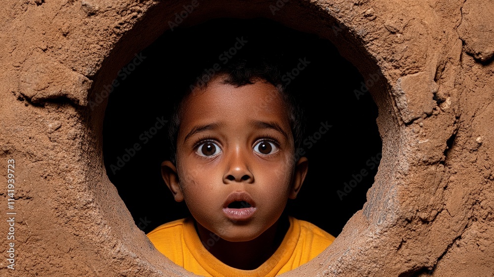 Child's Wonder: A young child with wide, expressive eyes peers out from ...