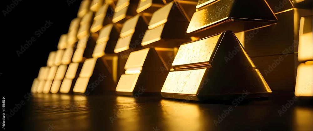 Gold bricks stacked in a triangular prism set on a reflective surface ...