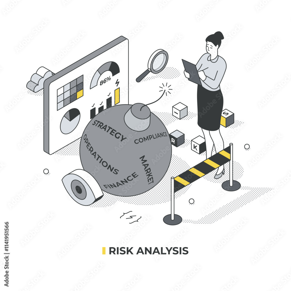 Risk Analysis. A woman with a clipboard analyzes a bomb labeled market ...