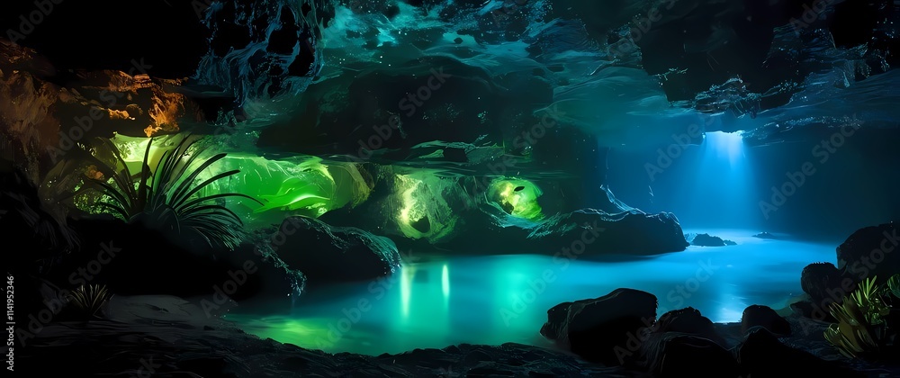 Hidden tropical grotto lit by bioluminescent algae the glowing blue ...