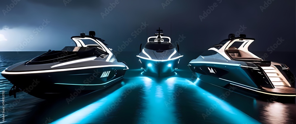 Jet skis lined up on a massive luxury yachts rear deck with vibrant ...