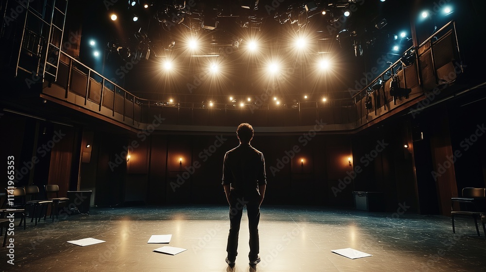stage actor rehearsing on an empty theater stage, dramatic spotlights ...