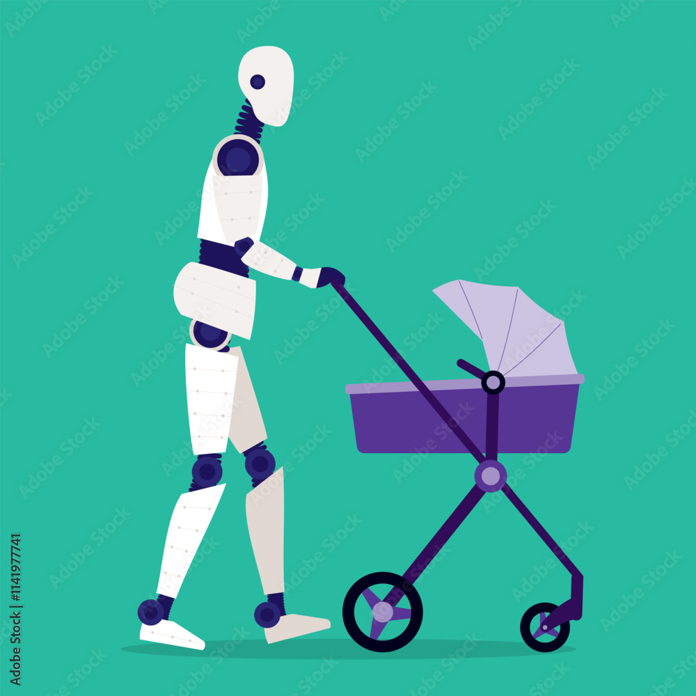 Side View Of AI Babysitter Robot Pushing A Baby Stroller. Stock Vector ...