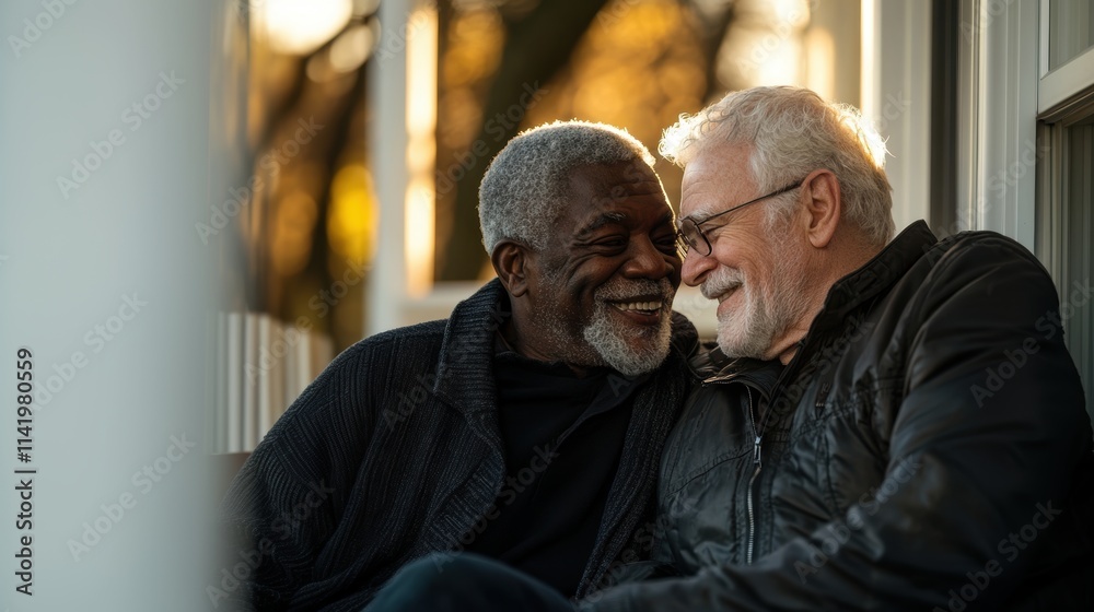 Joyful older men smiling together, celebrating companionship, love, and ...