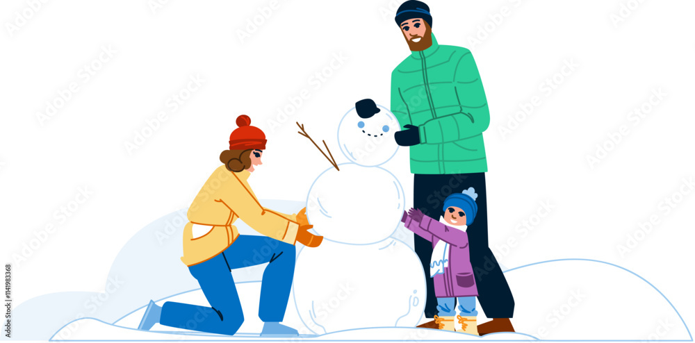 snow building snowman family vector. fun outdoor, activity festive ...