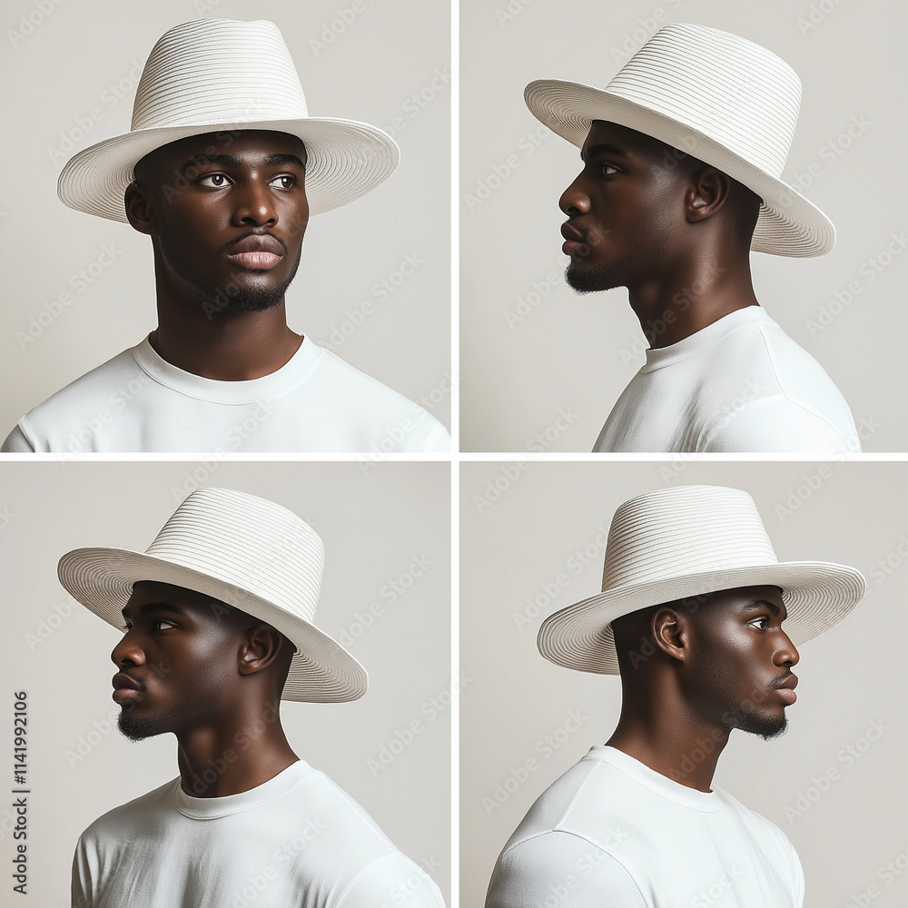 A man wearing a simple and minimalistic white straw hat, shown from ...