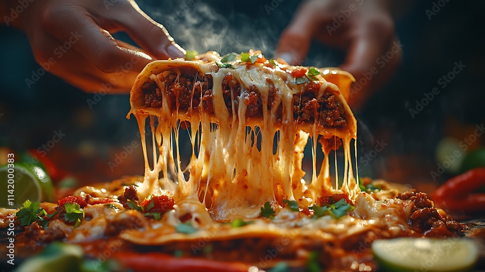 Hands pulling apart a cheesy taco, the melted cheese stretching in long ...