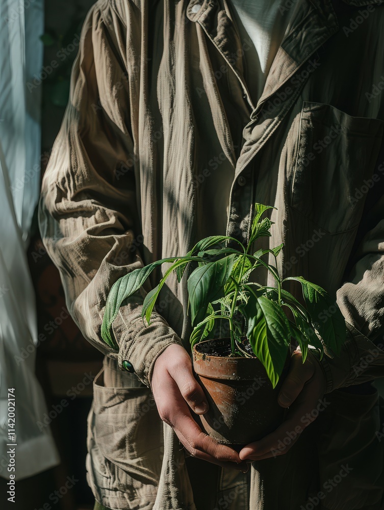 Man holding withered houseplant in pot, showing sadness over disease ...