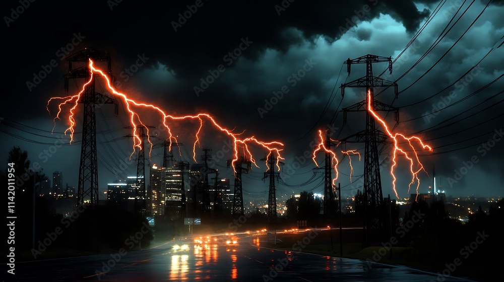 Nighttime Lightning Strikes Power Lines Over Cityscape in Moody Setting ...