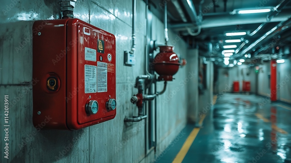 A modern clean photograph of a red fire suppression system panel ...
