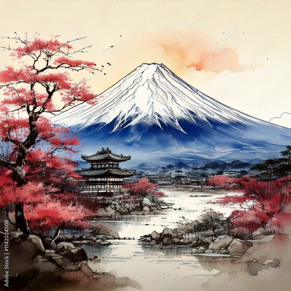Japanese drawing style of landscape with Fuji volcano mountain ...