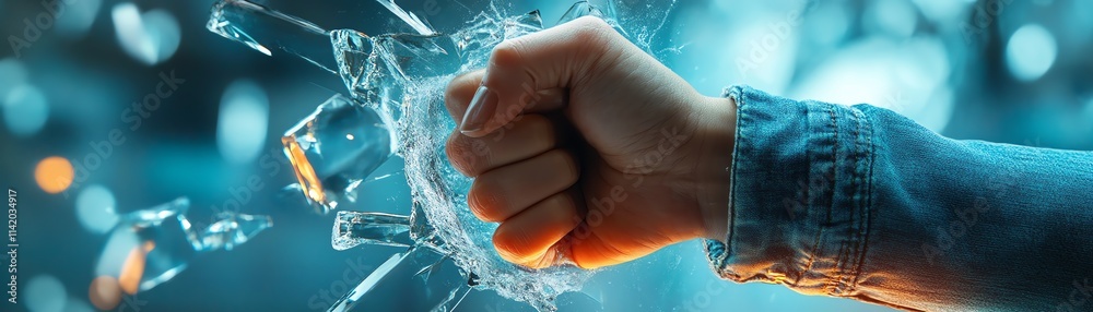 Symbolic breaking of the glass ceiling, woman s fist emerging through ...